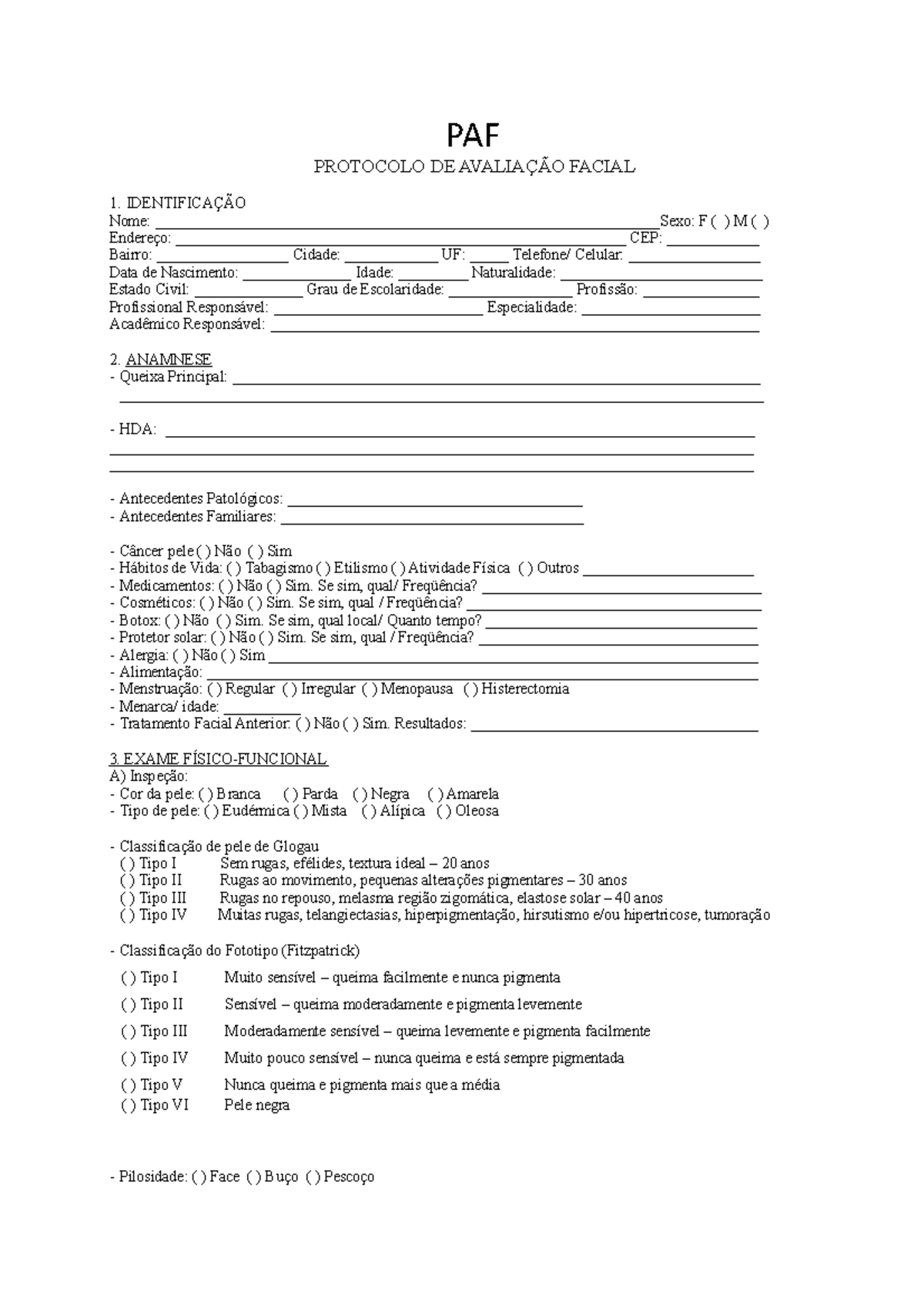 PAF- Protocolo DE Avaliação Facial - PAF PROTOCOLO DE AVALIAÇÃO FACIAL ...