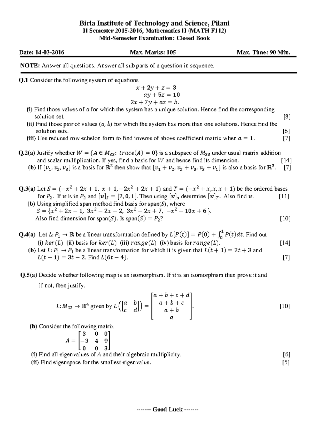 M2 PYQ( Merged) - complete pyqs - Birla Institute of Technology and Science, Pilani II Semester ...