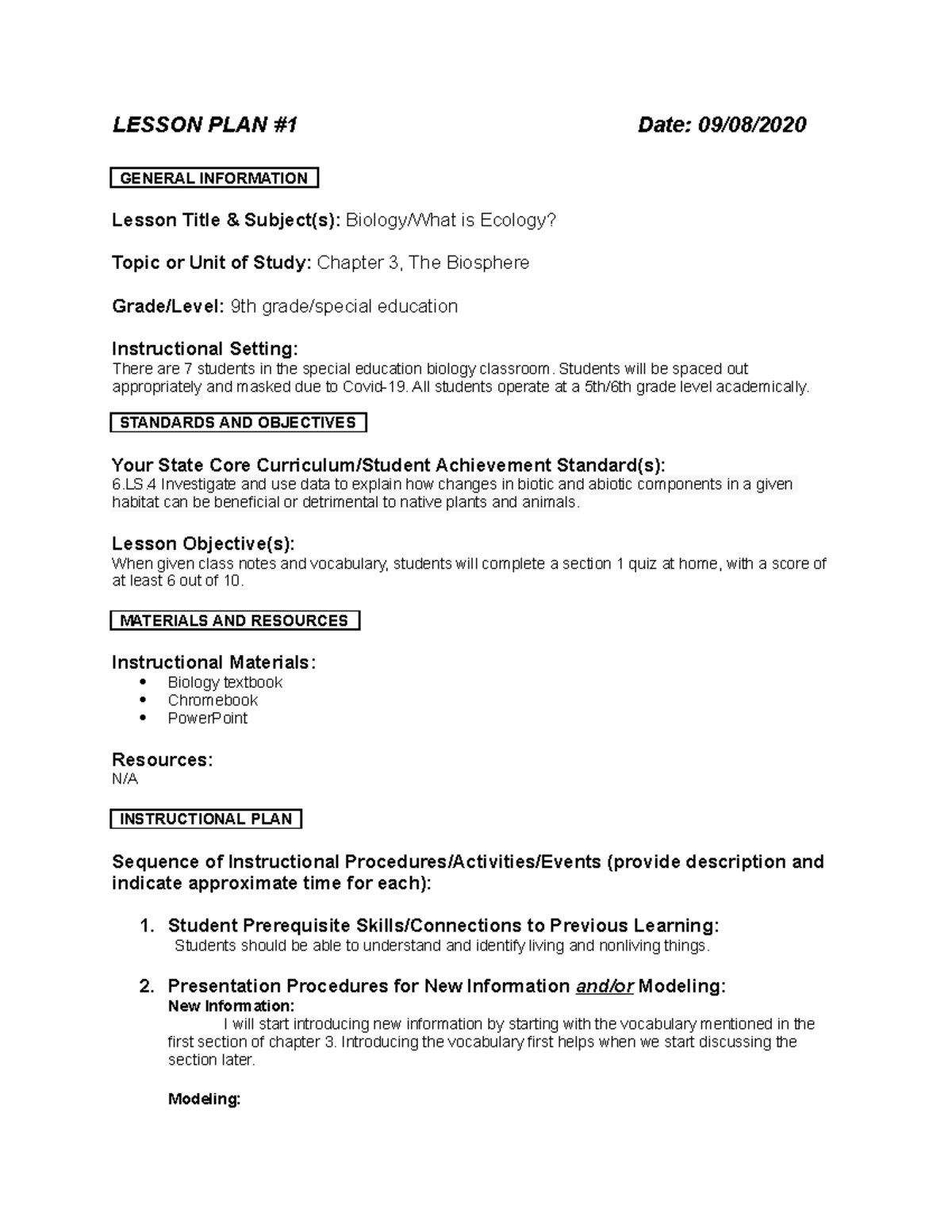 Lesson PLAN - LESSON PLAN #1 Date: 09/08/ GENERAL INFORMATION Lesson ...