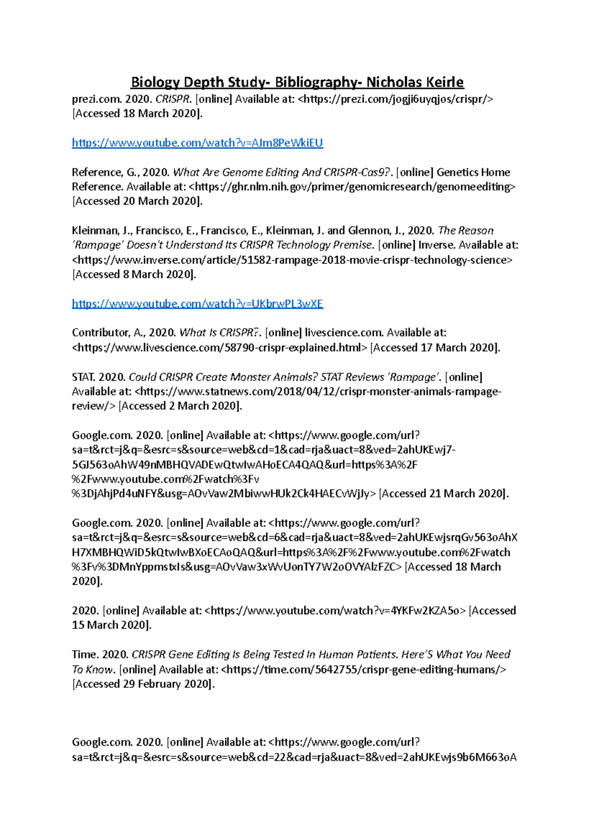 Biology Depth Study Bibliography - 2020. CRISPR. [online] Available at ...