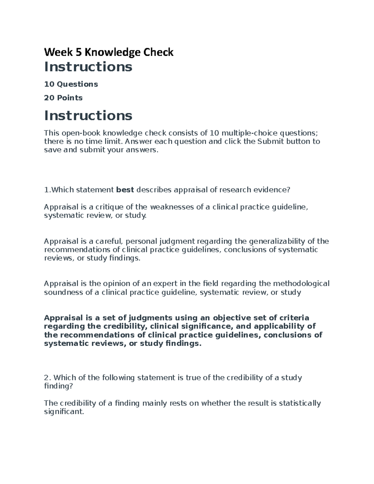 Week 5 N350 Knowledge Check - Week 5 Knowledge Check Instructions 10 Questions 20 Points - Studocu