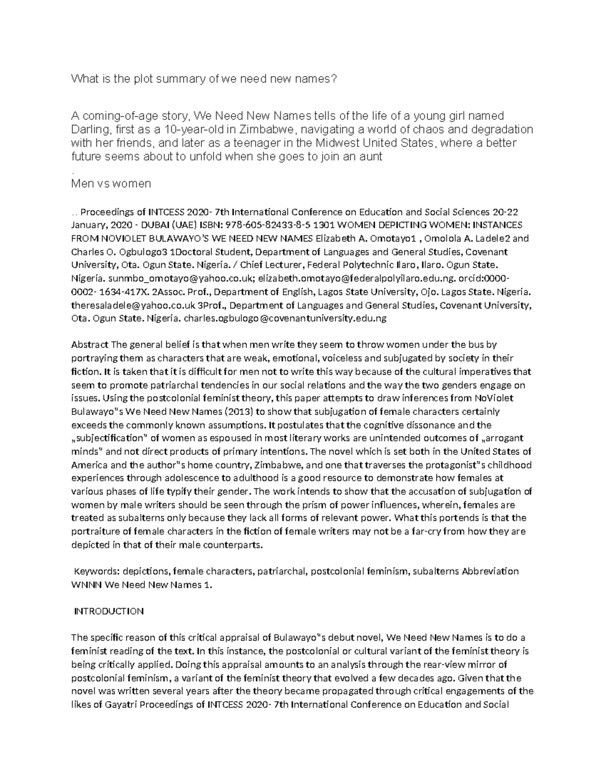 Women vs men - What is the plot summary of we need new names? A coming ...