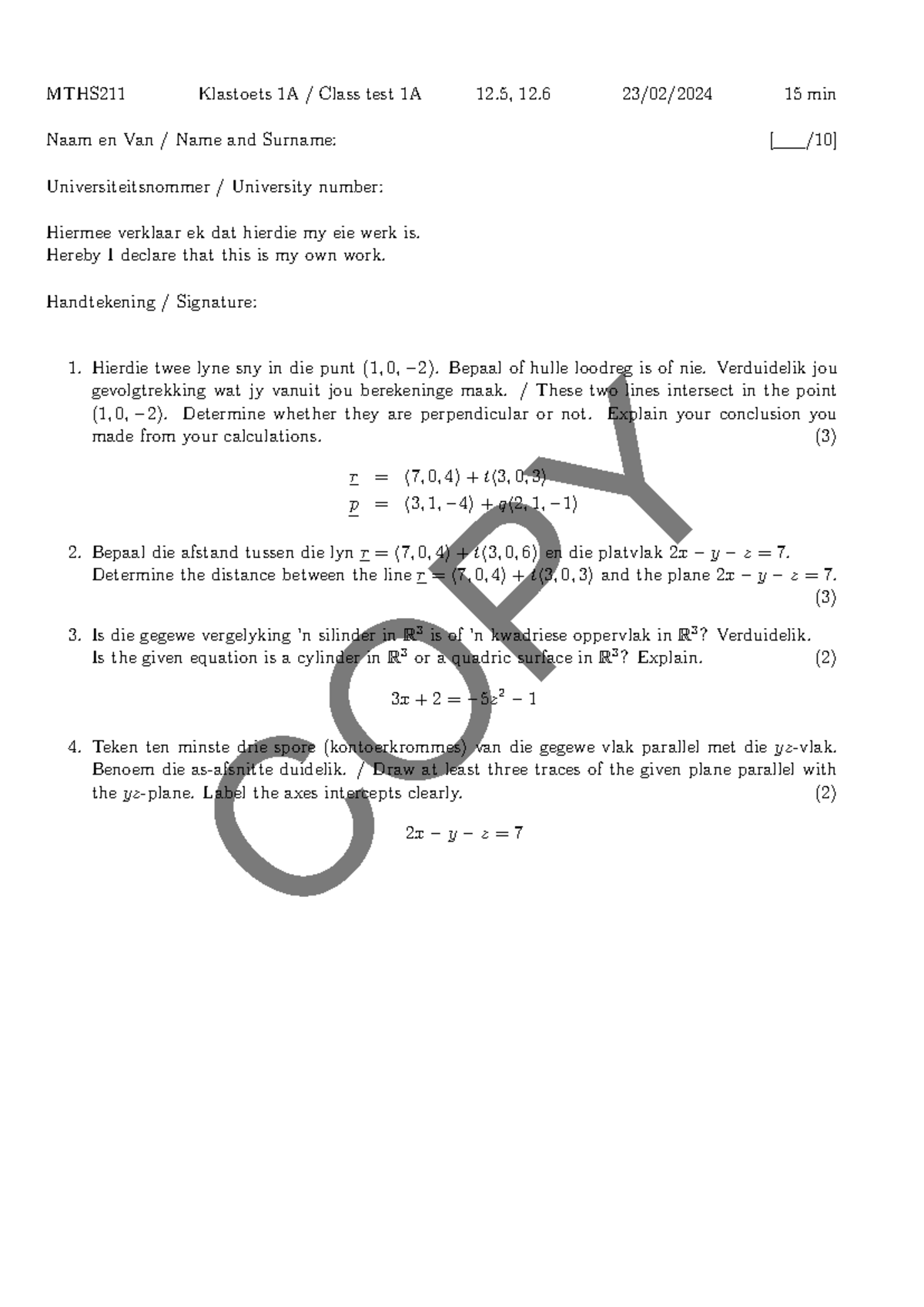 MTHS211 class test 1 2024 - MTHS211 Klastoets 1A / Class test 1A 12, 12 ...