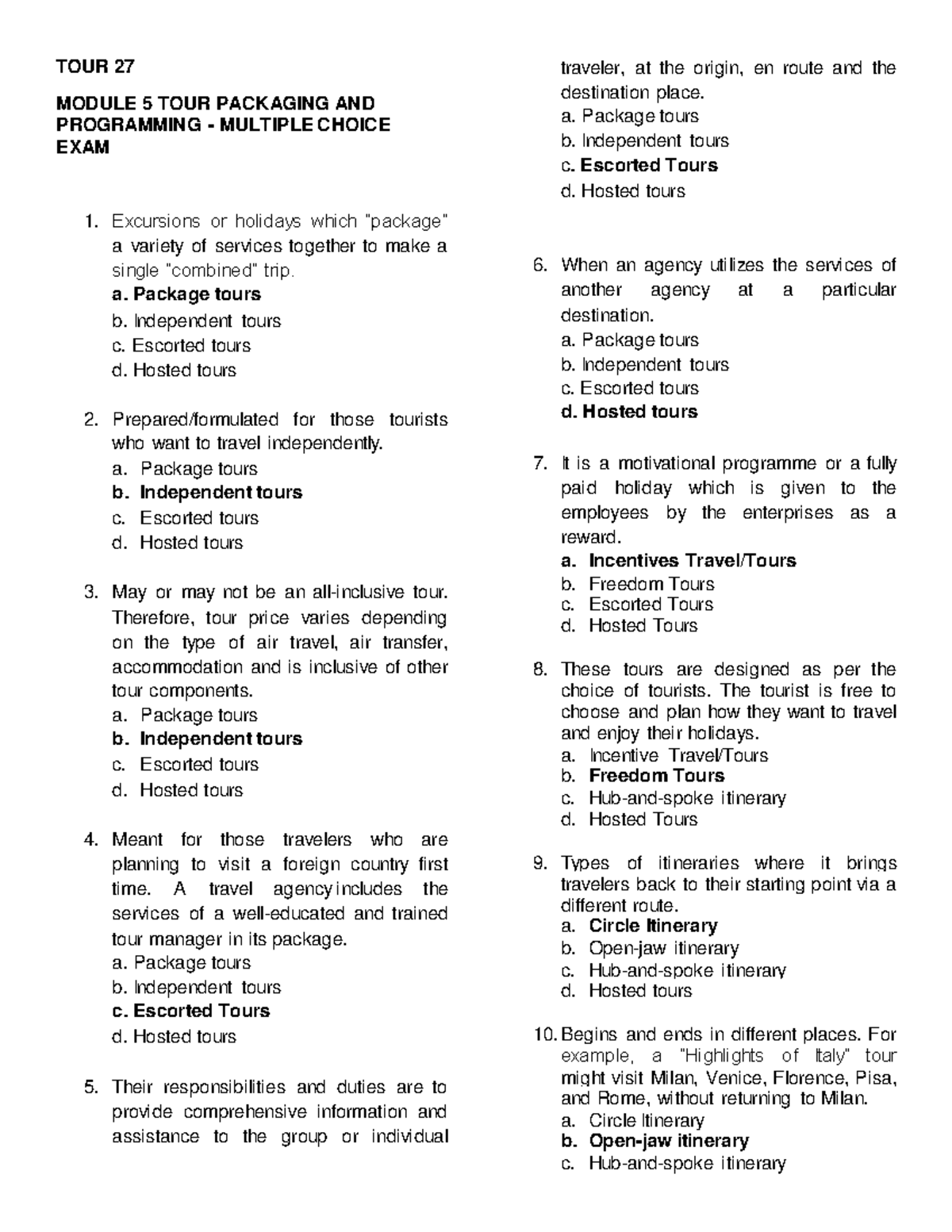 Module 5 Tour Packaging and Programming - Multiple Choice Exam - TOUR ...