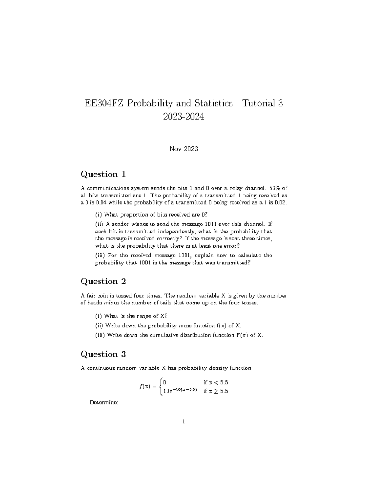 EE304-Tutorial 3 - EE302 - EE304FZ Probability and Statistics - Tutorial 3 2023- Nov 2023 ...