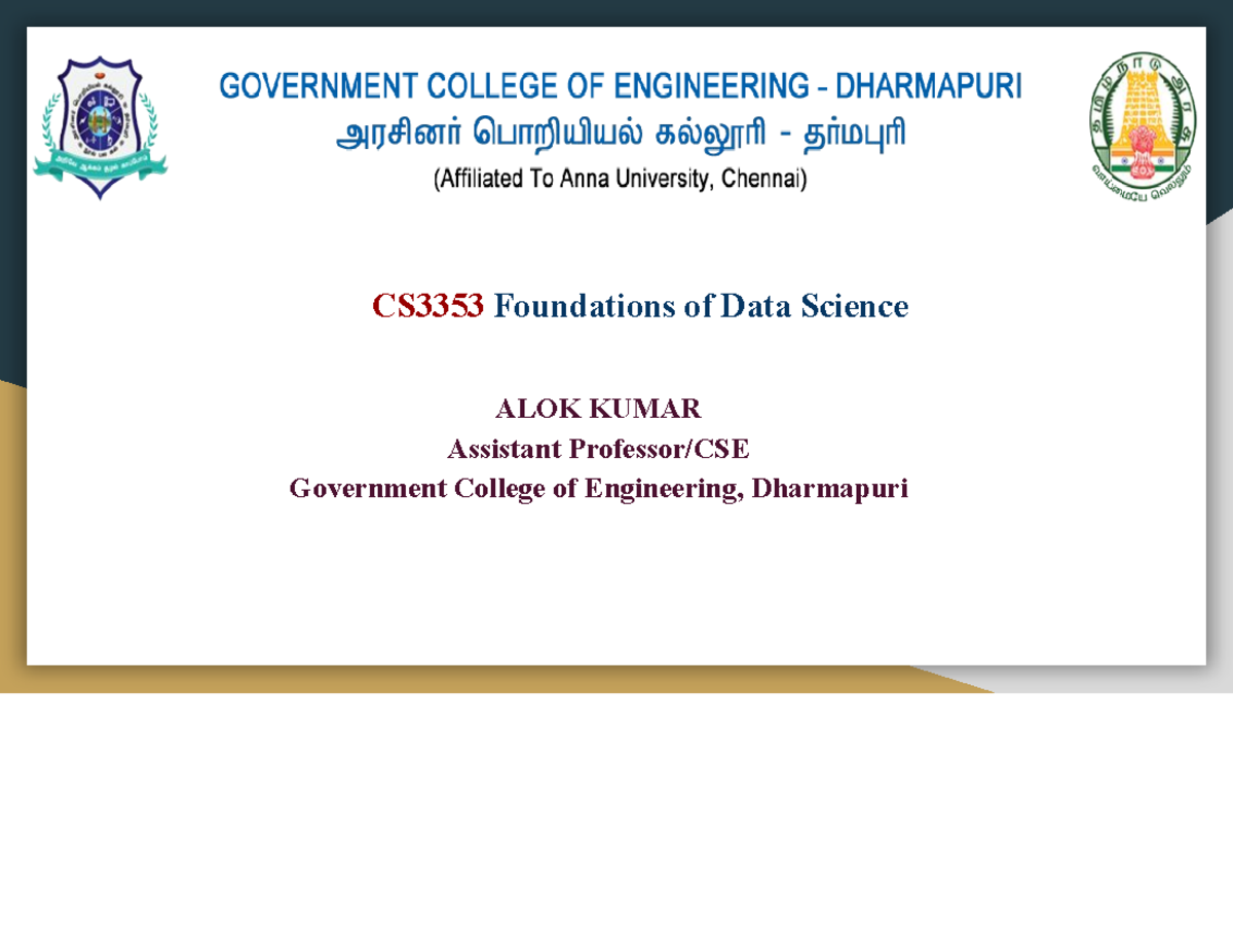 Unit 3 (FDS) - CS3353 Foundations of Data Science ALOK KUMAR Assistant ...