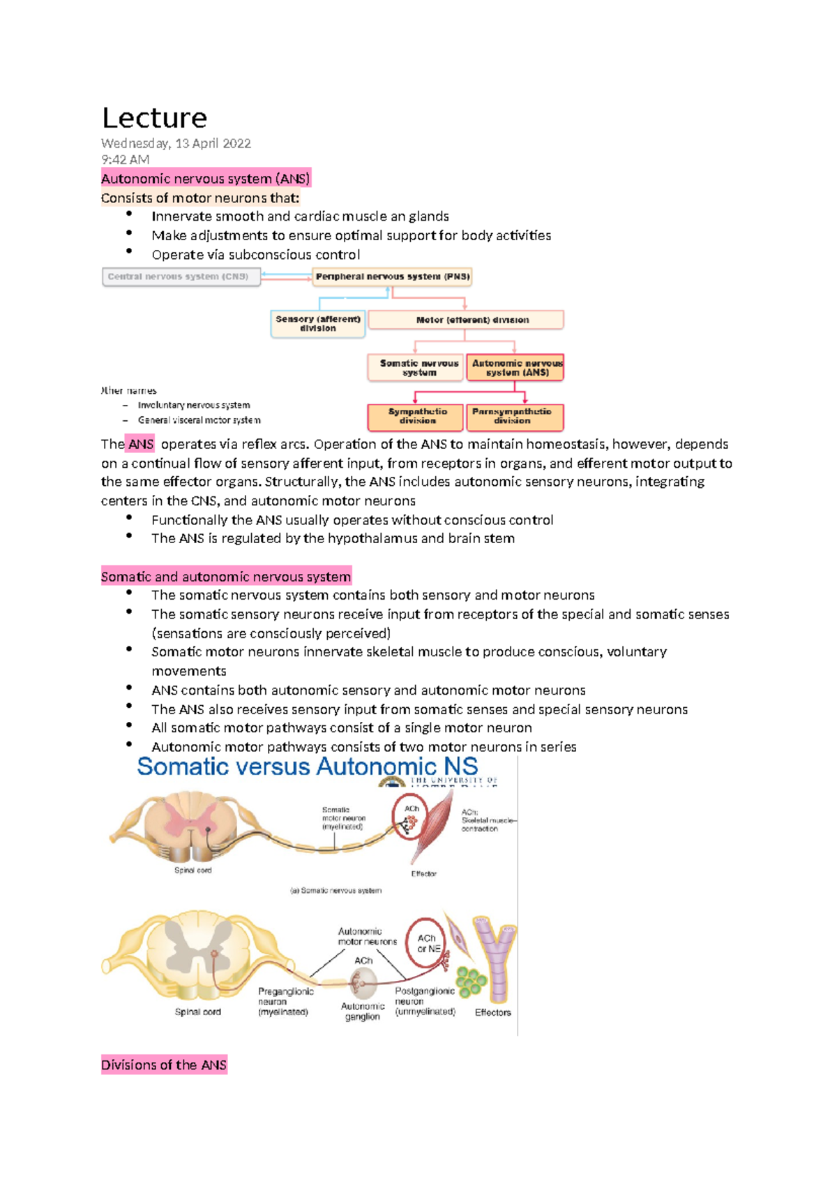 Lecture week 8 - Lecture Wednesday, 13 April 2022 9:42 AM Autonomic nervous system (ANS ...