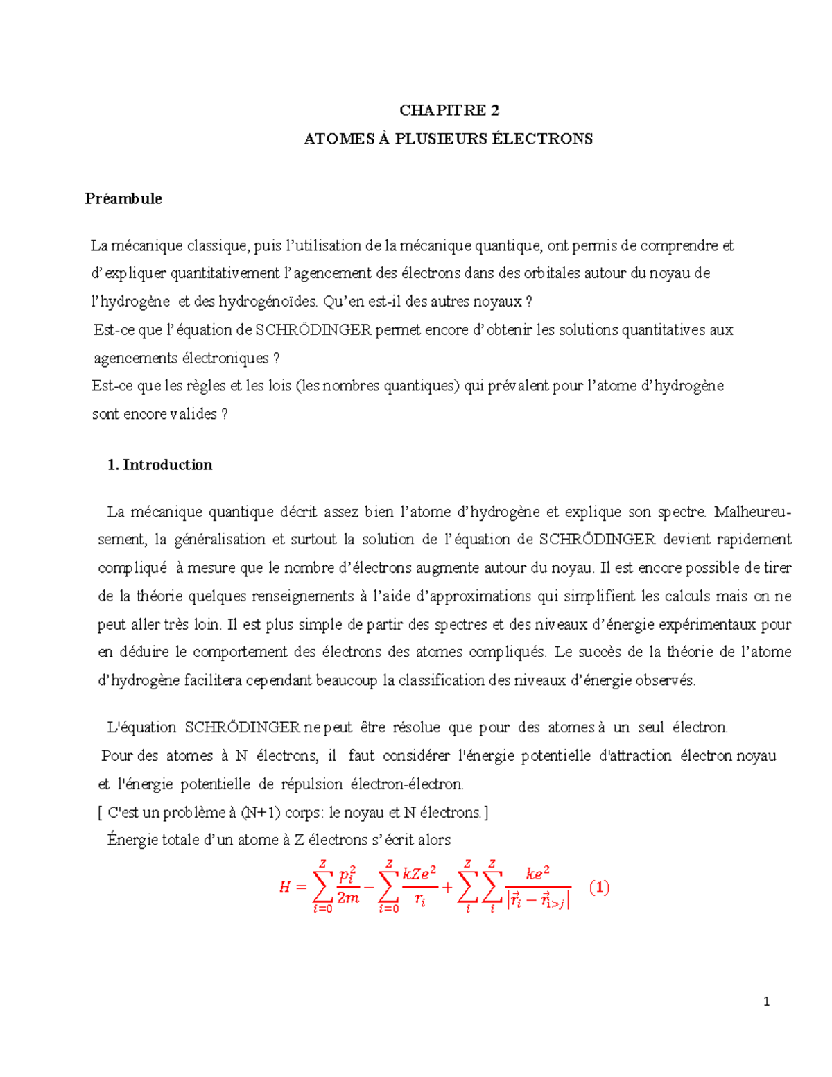 Atomes à plusieurs électrons - CHAPITRE 2 ATOMES À PLUSIEURS ÉLECTRONS ...