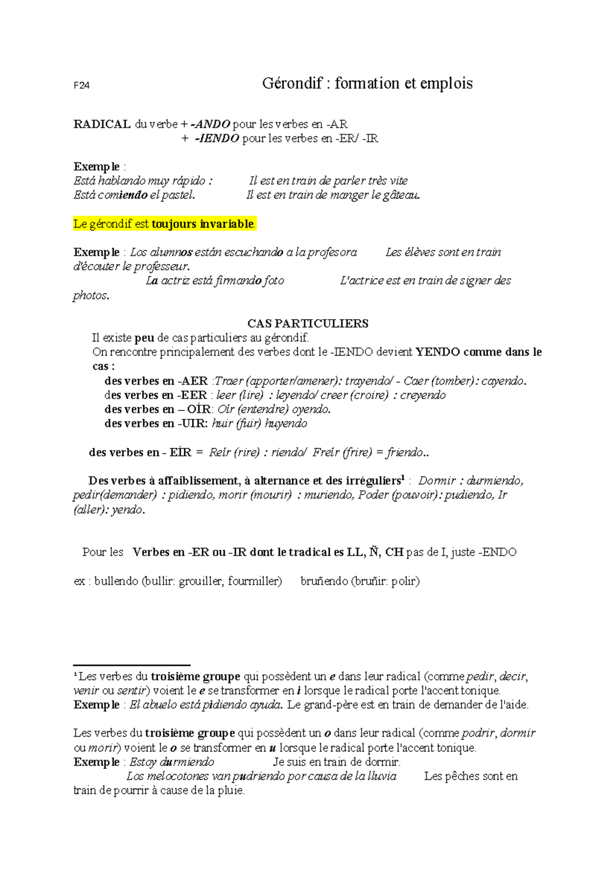 F24 Gérondif - cours d'espagnol - F24 Gérondif : formation et emplois ...