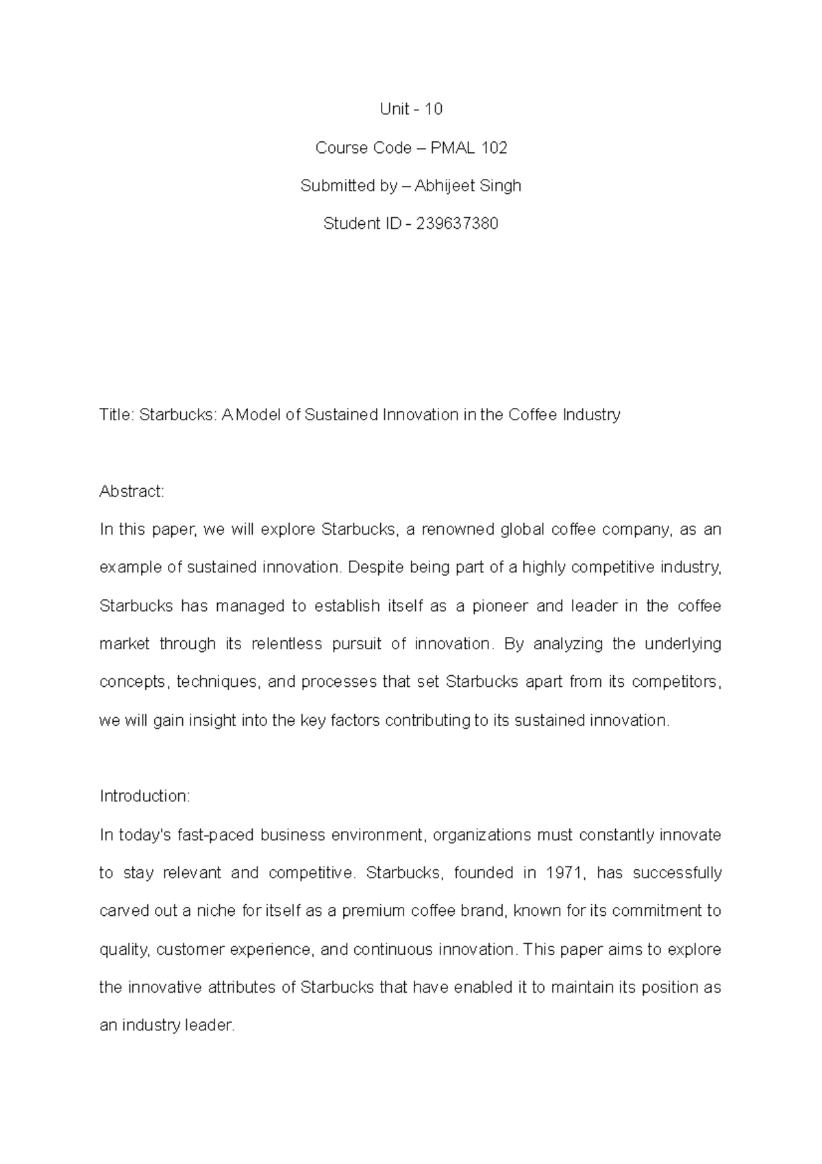 Unit 10. PMAL102 - unit 10 assignment - Unit - 10 Course Code – PMAL 102 Submitted by – Abhijeet ...