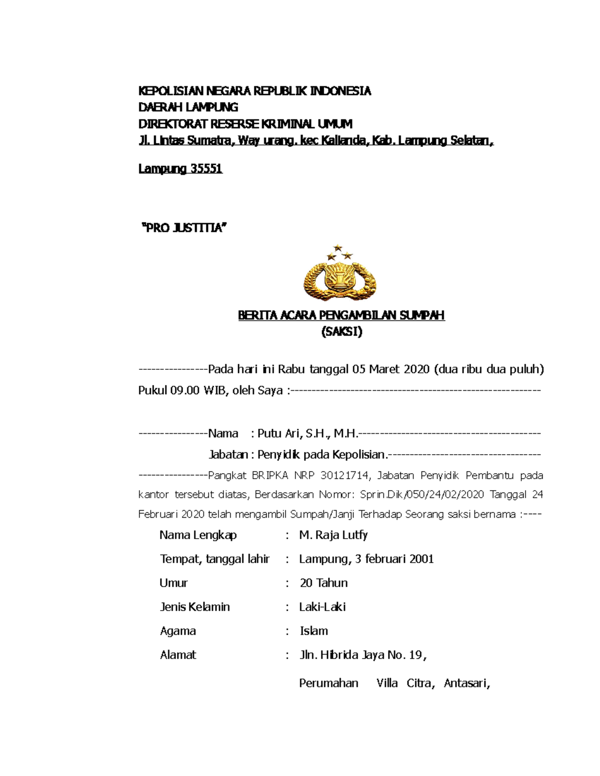 Contoh Berita Acara Sidang M. Raja Lutfy - KEPOLISIAN NEGARA REPUBLIK ...