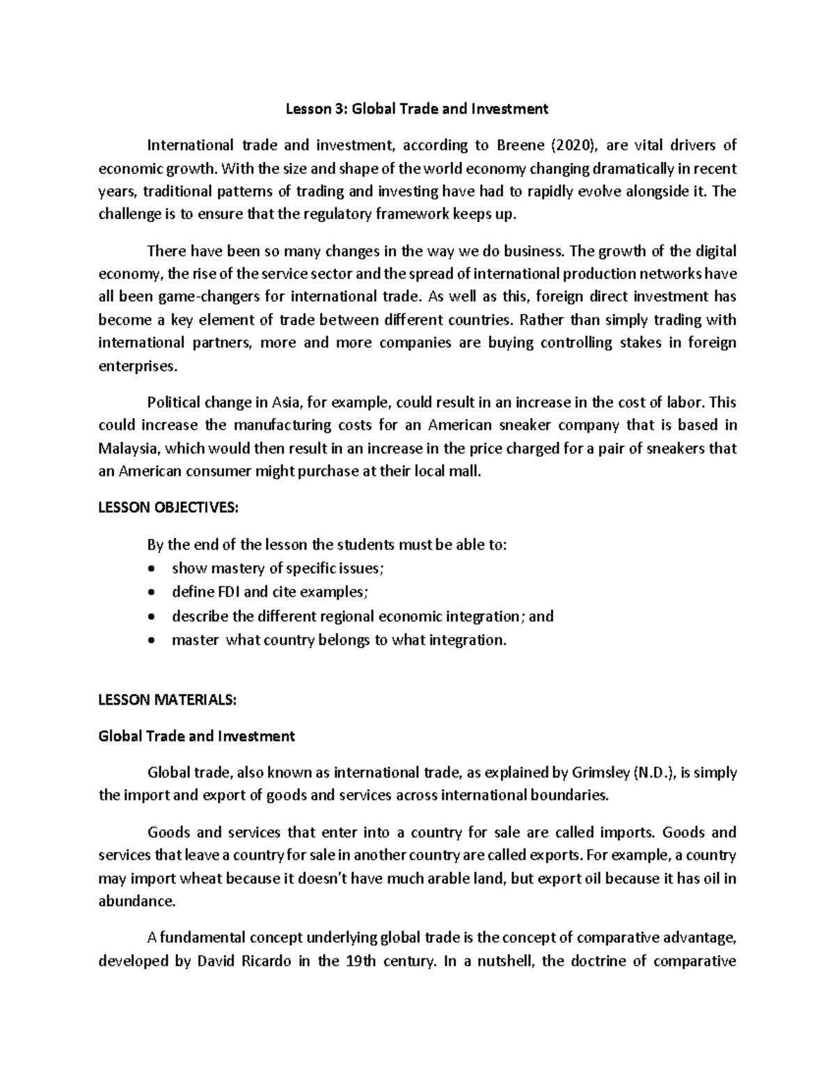 Lesson 3 - international - Lesson 3: Global Trade and Investment ...