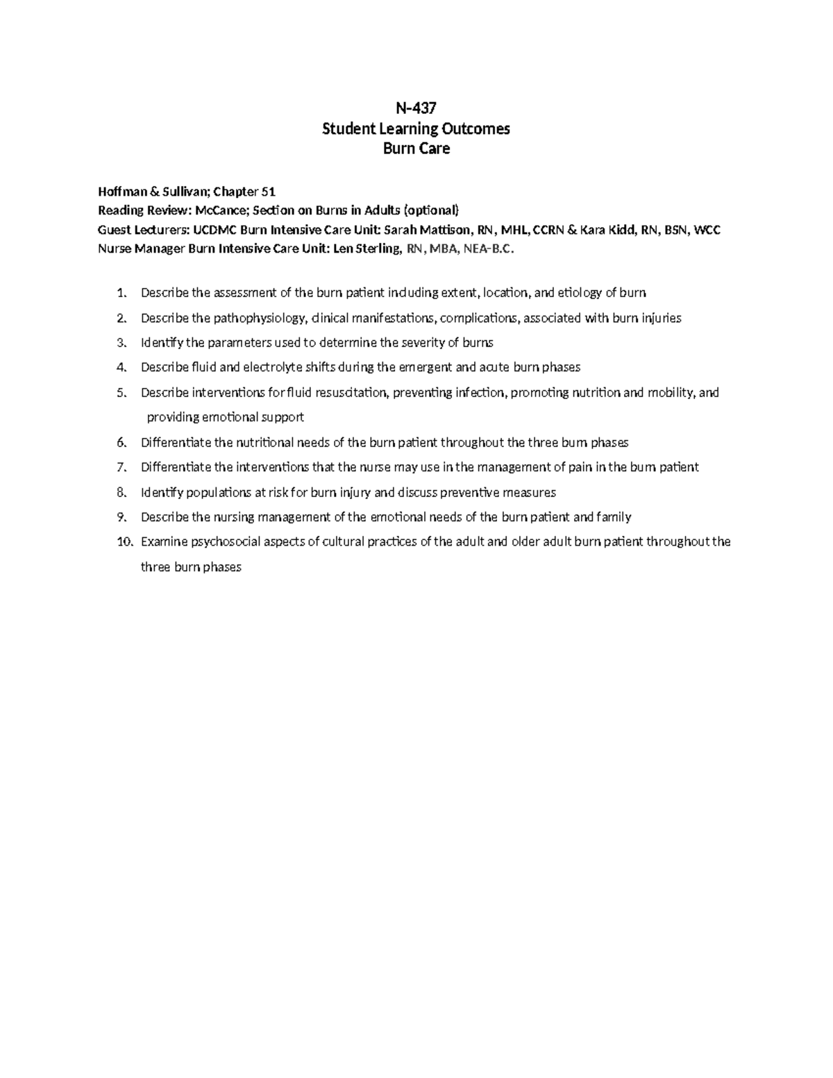 N-437 Burn SLOs Fall 21 - N- Student Learning Outcomes Burn Care ...