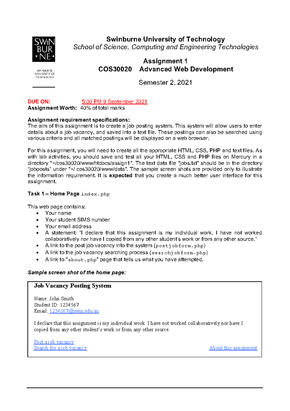 Assignment 1 2021 Advanace web development - Swinburne University of ...