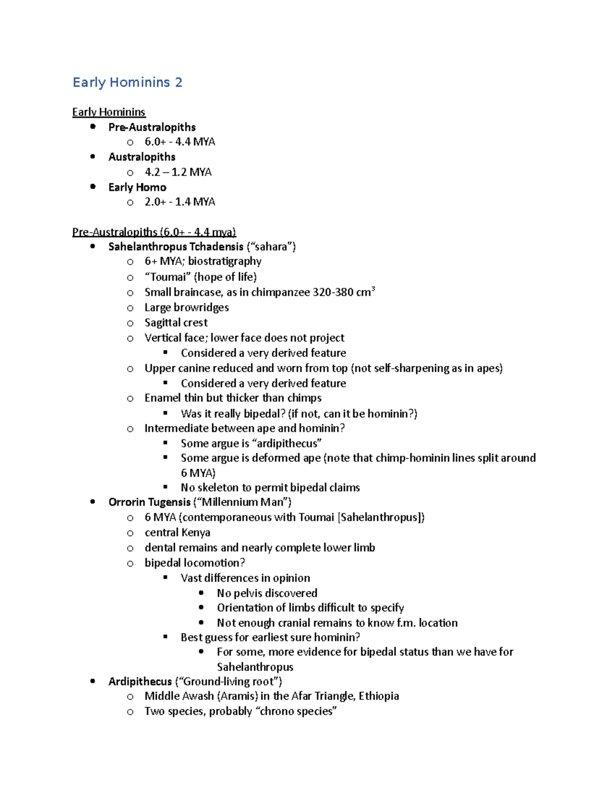 Early Hominins 2 - location Best guess for earliest sure hominin? For ...