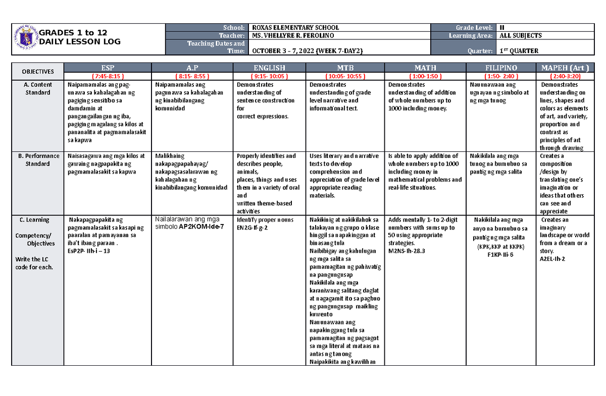 DLL ALL Subjects 2 Q1 W7 D2 - GRADES 1 to 12 DAILY LESSON LOG School: ROXAS ELEMENTARY SCHOOL ...