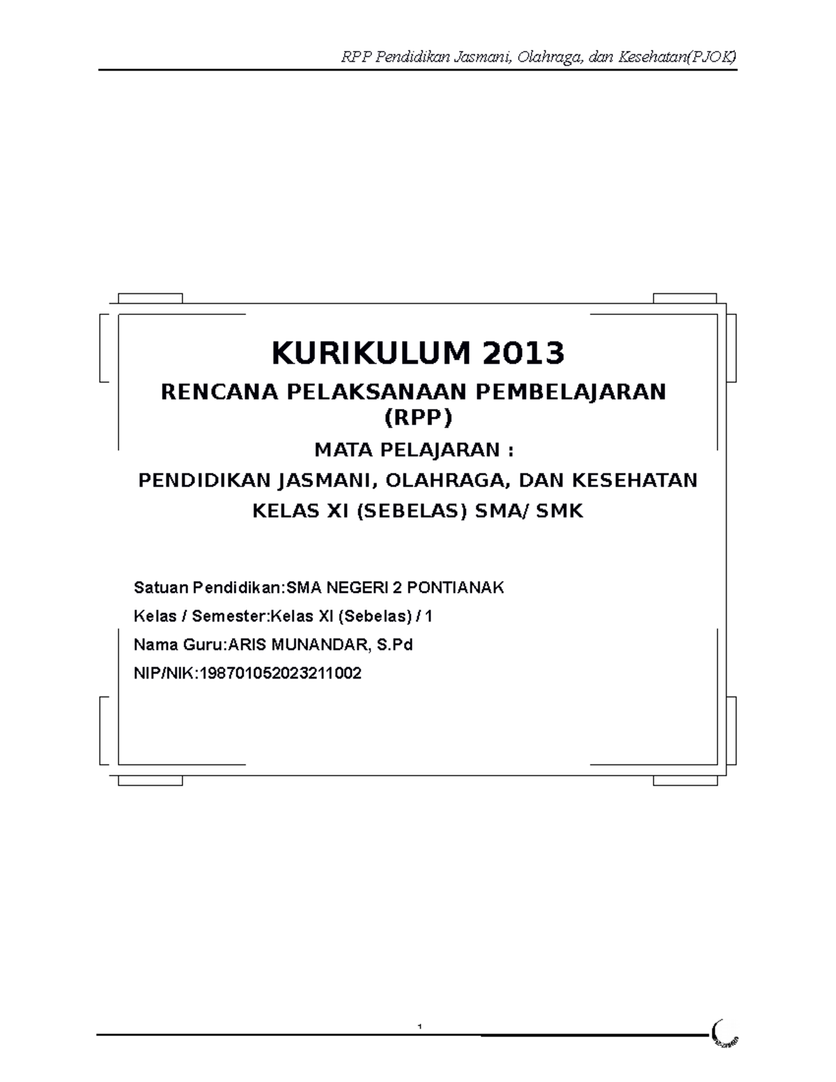 RPP PJOK Kelas XI SMA - untuk akreditasi - KURIKULUM 2013 RENCANA ...