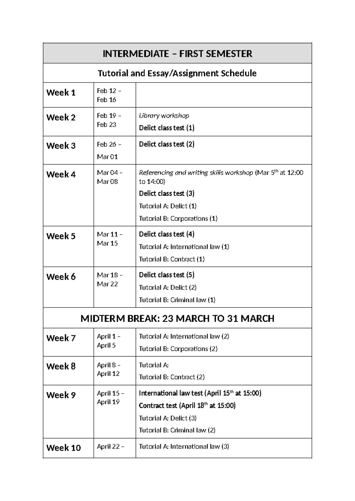 Intermediate year timetable and schedule - INTERMEDIATE – FIRST ...