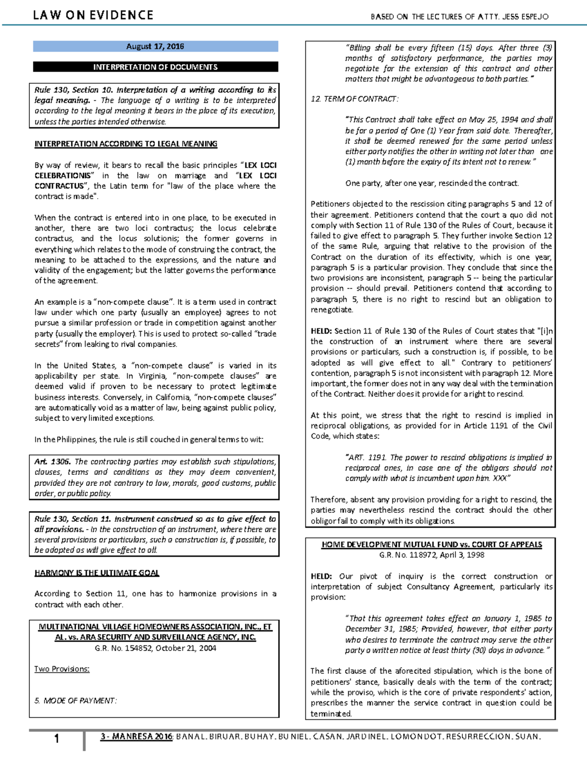 Pdfcoffee - August 17, 2016 INTERPRETATION OF DOCUMENTS Rule 130, Section 10. Interpretation of ...