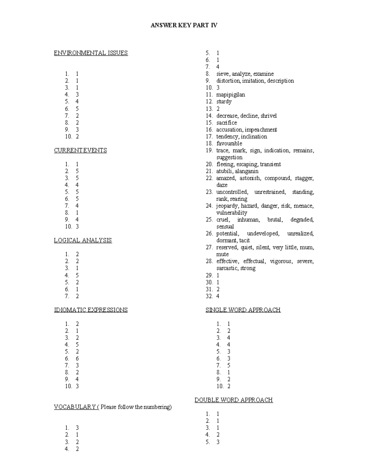 Civil Service Reviewer Part IV ANSWER KEY PART IV ENVIRONMENTAL