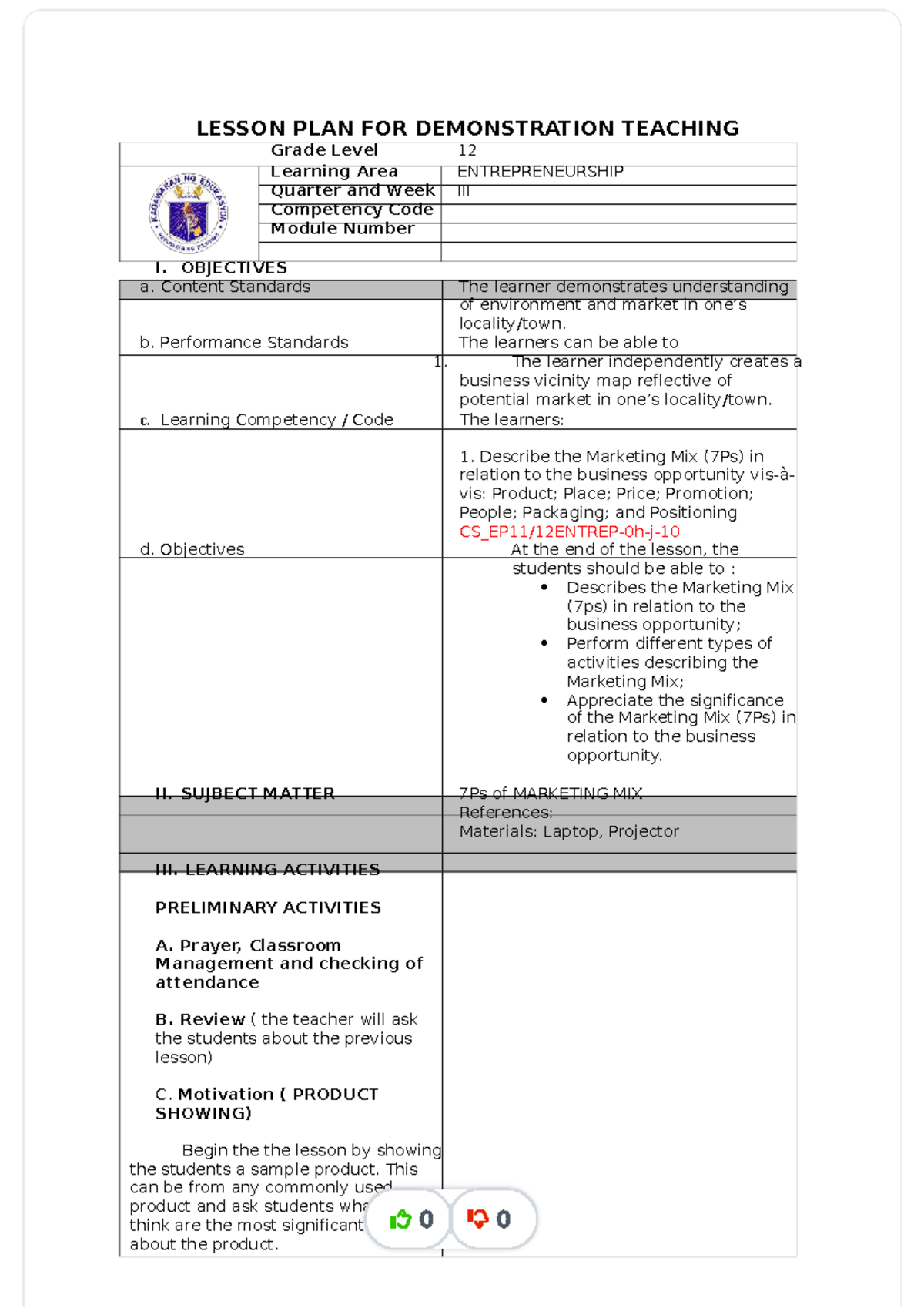 7ps-of-marketing-lesson-plan compress - LESSON PLAN FOR DEMONSTRATION ...