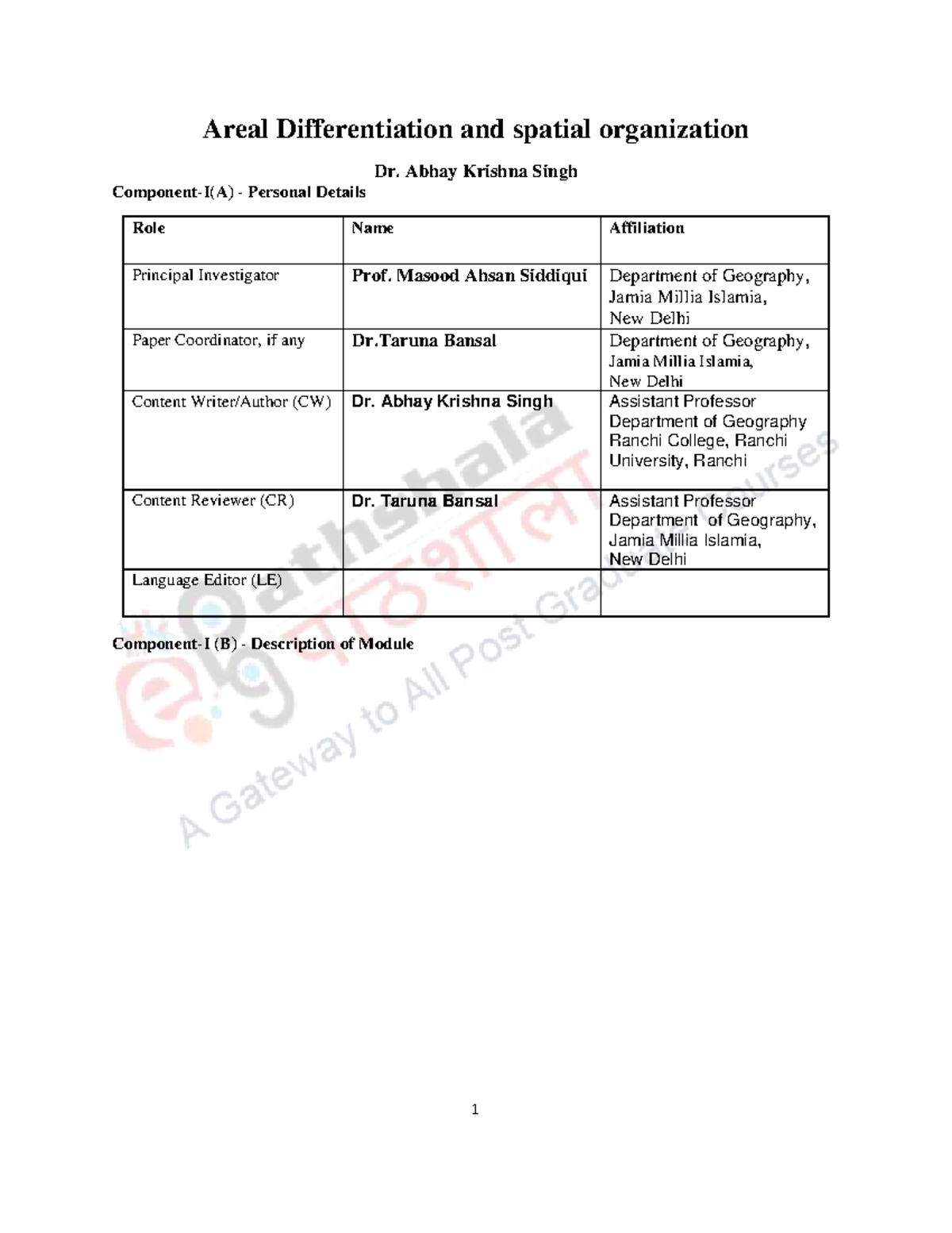 Areal Differentiation - Abhay Krishna Singh Component-I(A) - Personal ...