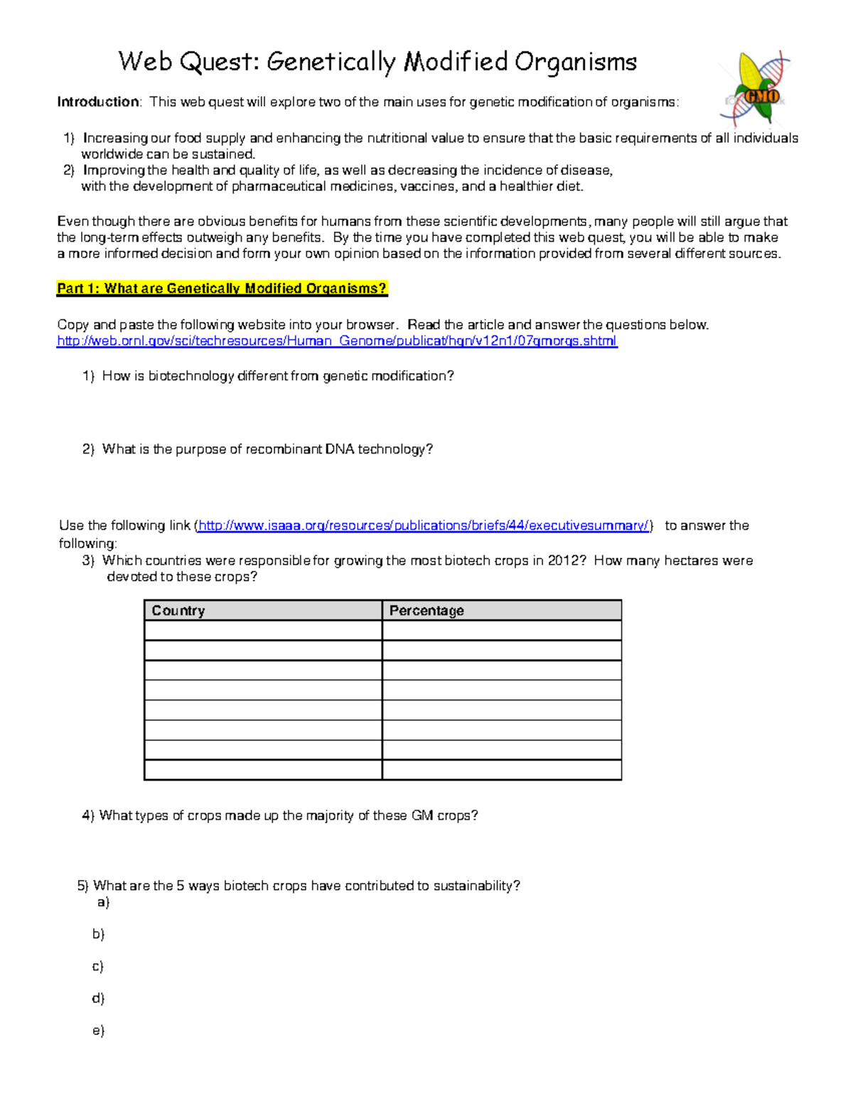GMO Webquest - Yes - Web Quest: Genetically Modified Organisms ...