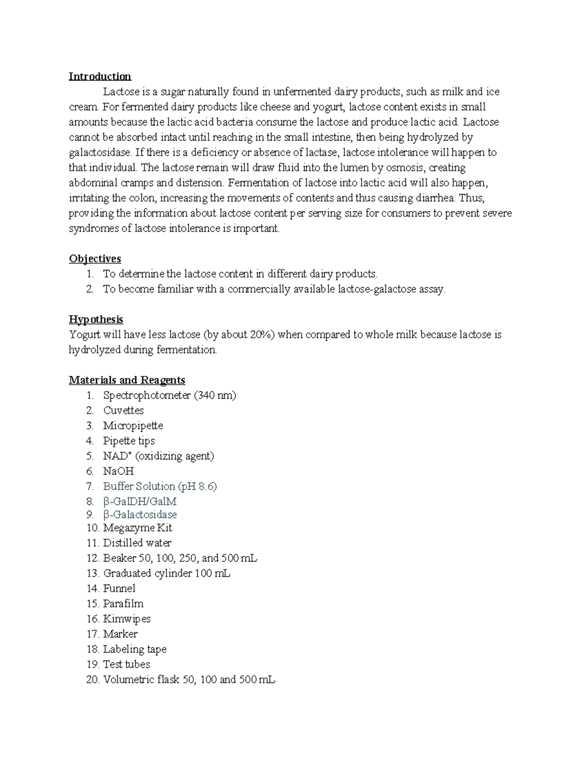 Lactose Lab procedure - Introduction Lactose is a sugar naturally found ...