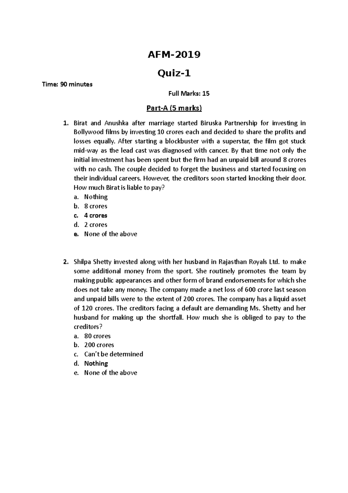 AFM-2019 QUIZ-I question - AFM- Quiz- Time: 90 minutes Full Marks: 15 ...