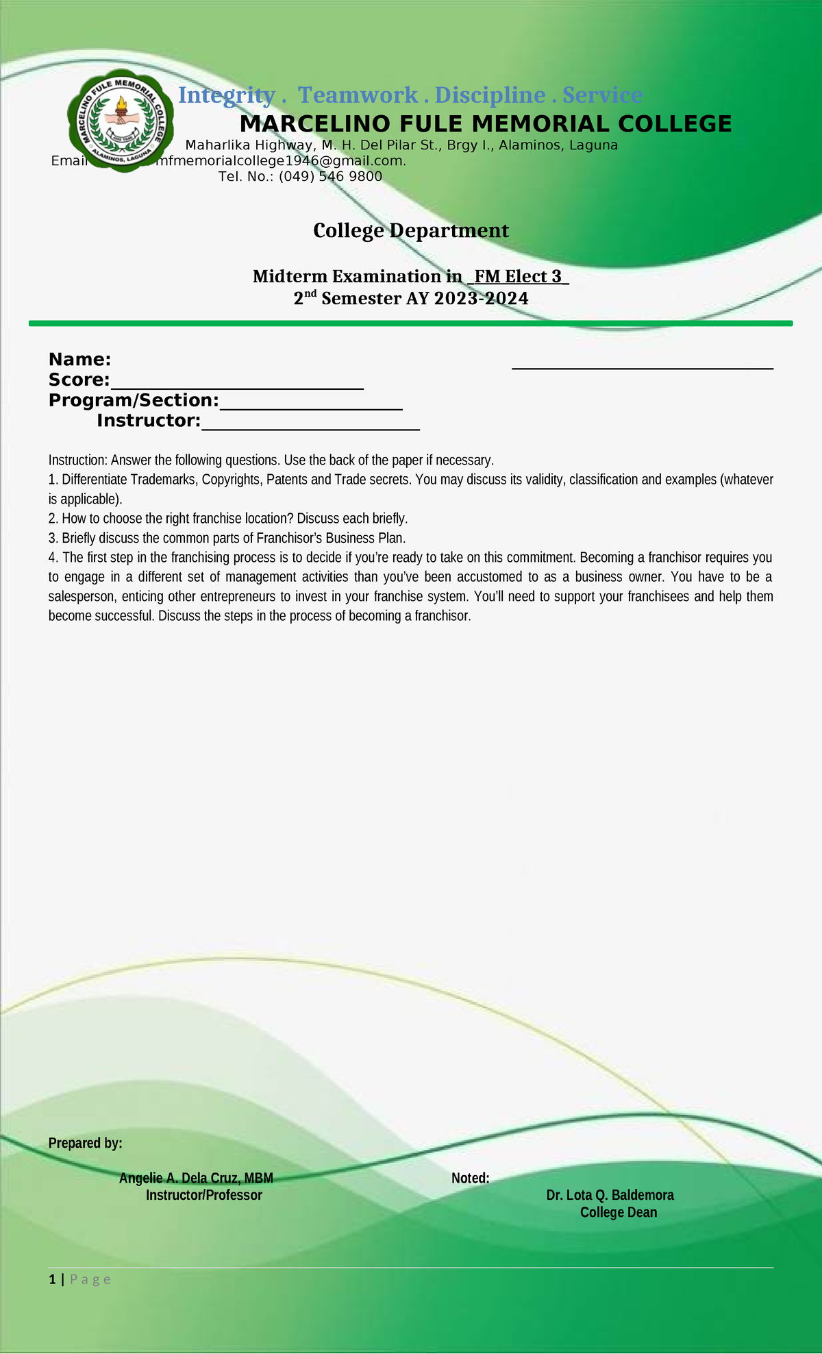 TEST Paper FM Elect 3 Midterm - Integrity. Teamwork. Discipline ...