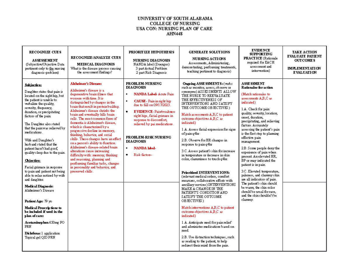 Acute Pain - careplan - RECOGNIZE CUES ASSESSEMENT (Subjective ...