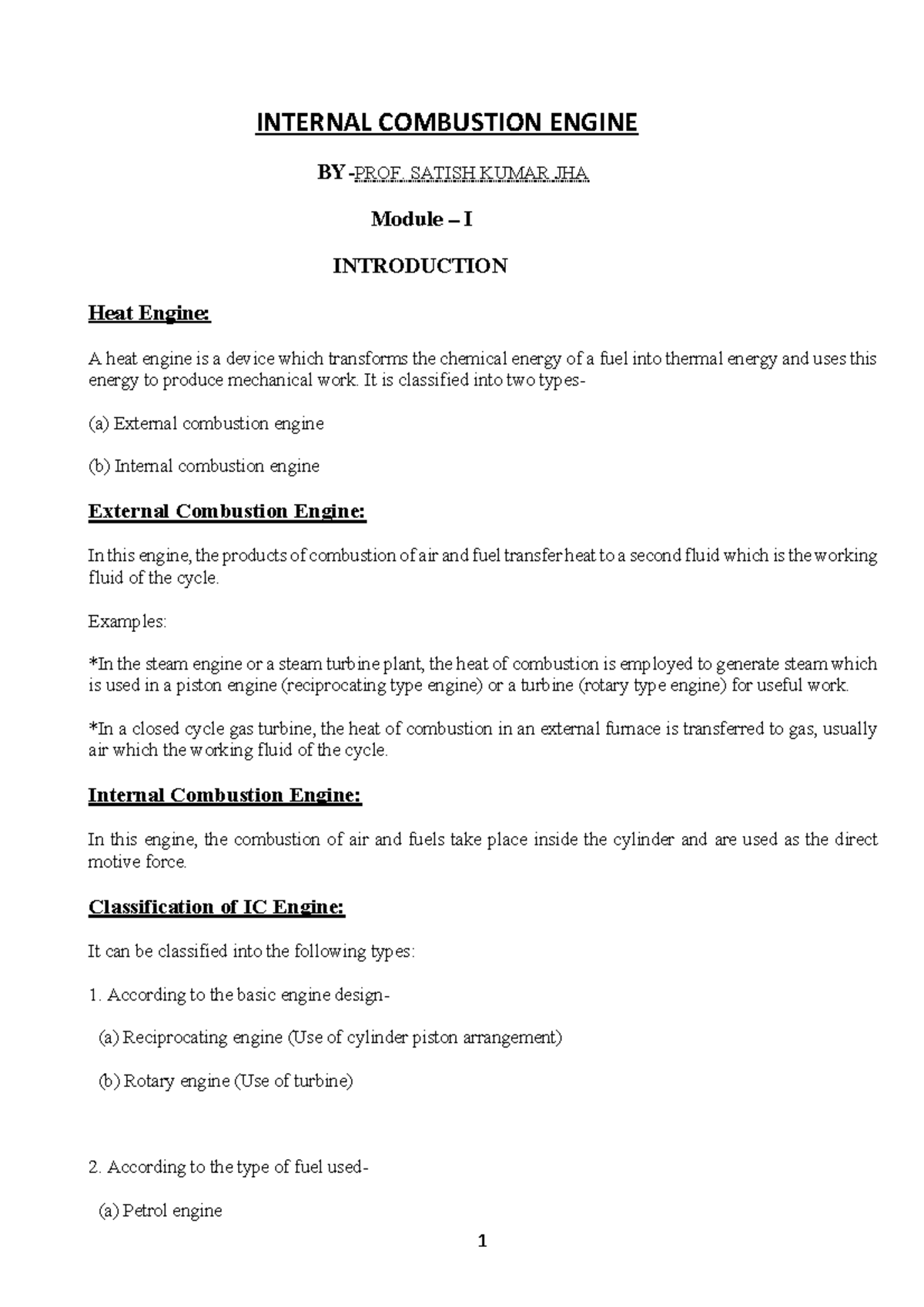 Module 1 - Introduction To Ic Engine - INTERNAL COMBUSTION ENGINE BY- PROF. SATISH KUMAR JHA ...