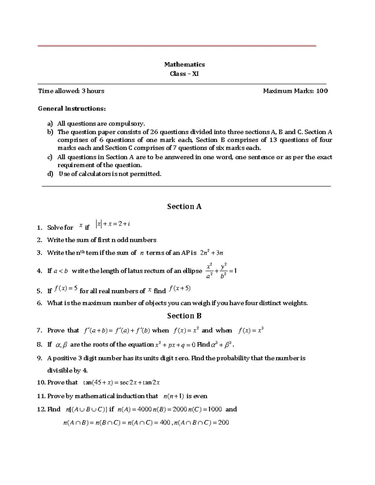 Class 11 Mathematics Sample Paper - Mathematics Class – XI Time allowed ...