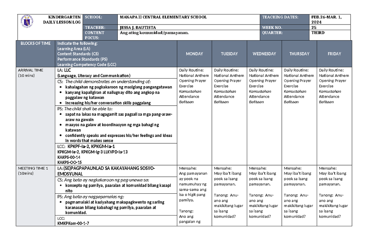DLL Kinder Q3 W5 - KINDERGARTEN DAILY LESSON LOG SCHOOL: MANAPA II ...