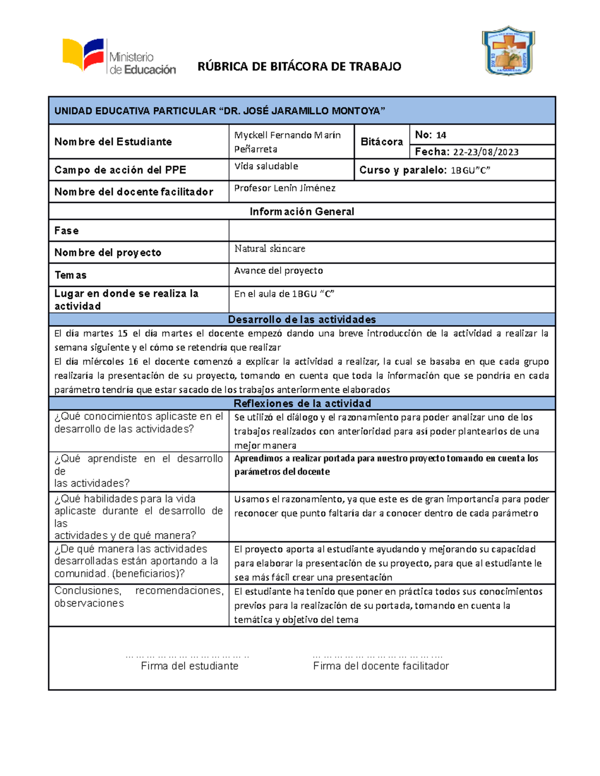 Bitacora de PPE N 14 - Util - RÚBRICA DE BITÁCORA DE TRABAJO UNIDAD EDUCATIVA PARTICULAR “DR ...