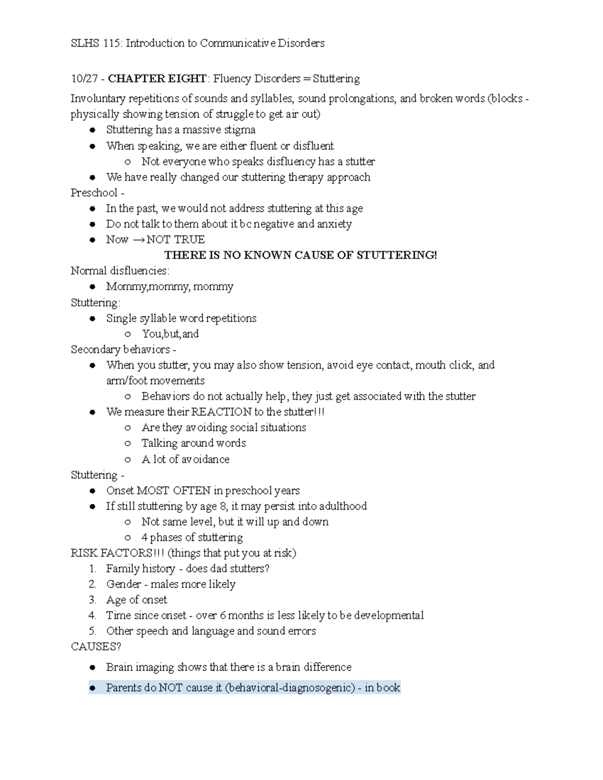 Introduction to Fluency Disorders: Stuttering and Treatment - Studocu