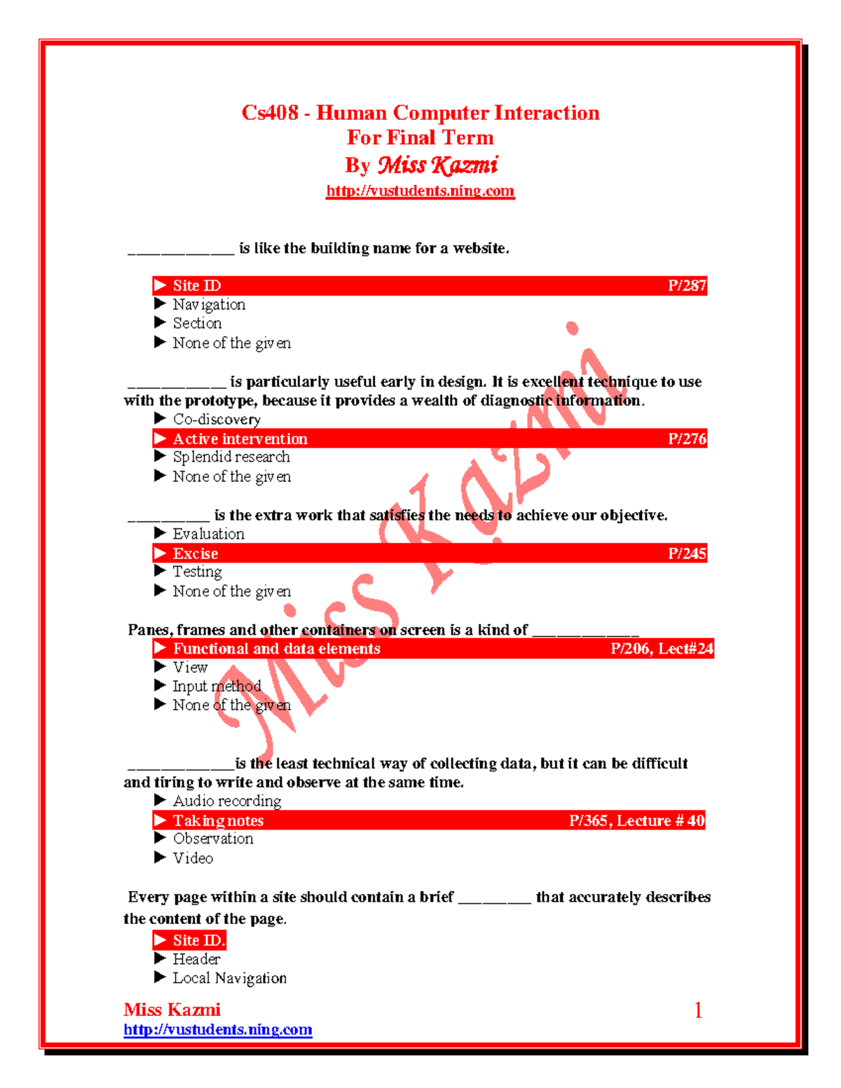 CS408 MCQzwithref By Miss Kazmi - Miss Kazmi 1 Cs408 - Human Computer Interaction For Final Term ...