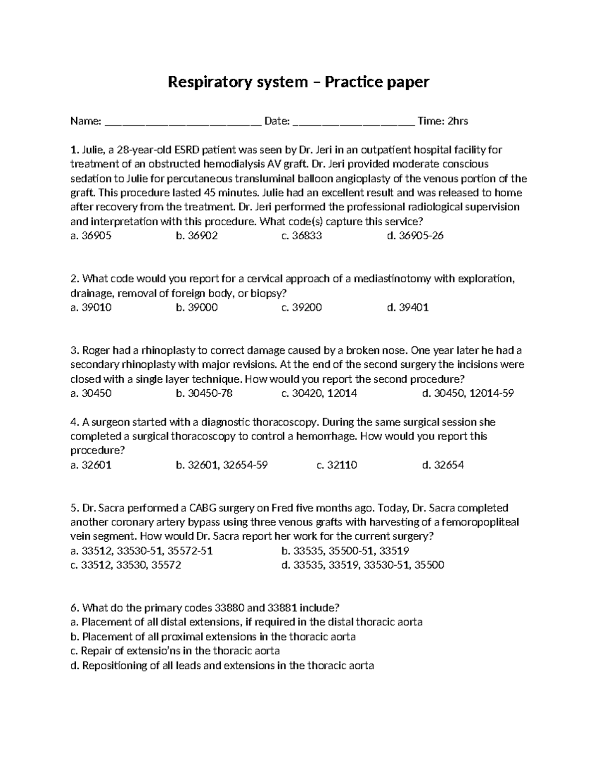 30000 copy - Medical coding - Respiratory system – Practice paper Name