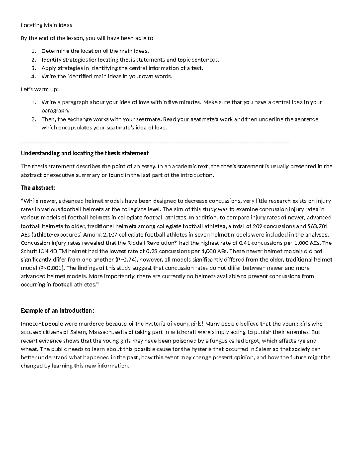 Locating Main Ideas - Determine the location of the main ideas. 2 ...