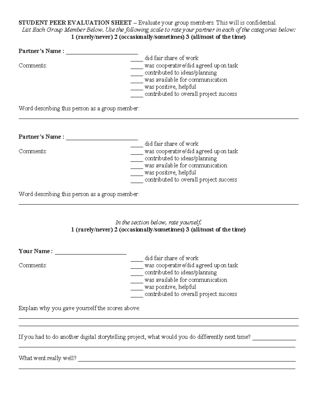 Student PEER Evaluation Sheet - STUDENT PEER EVALUATION SHEET ...