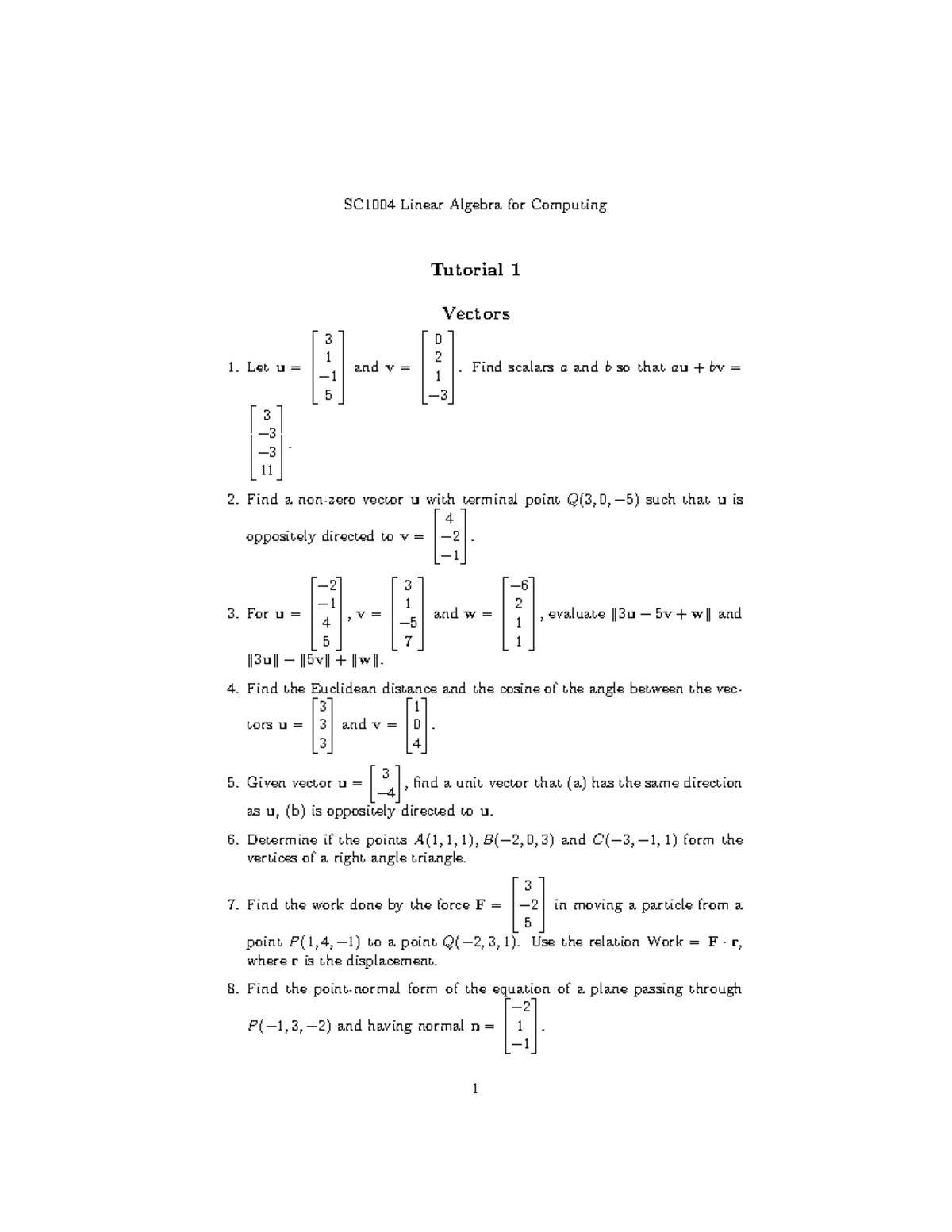 1. Vectors - SC1004 Linear Algebra for Computing Tutorial 1 Vectors Let ...