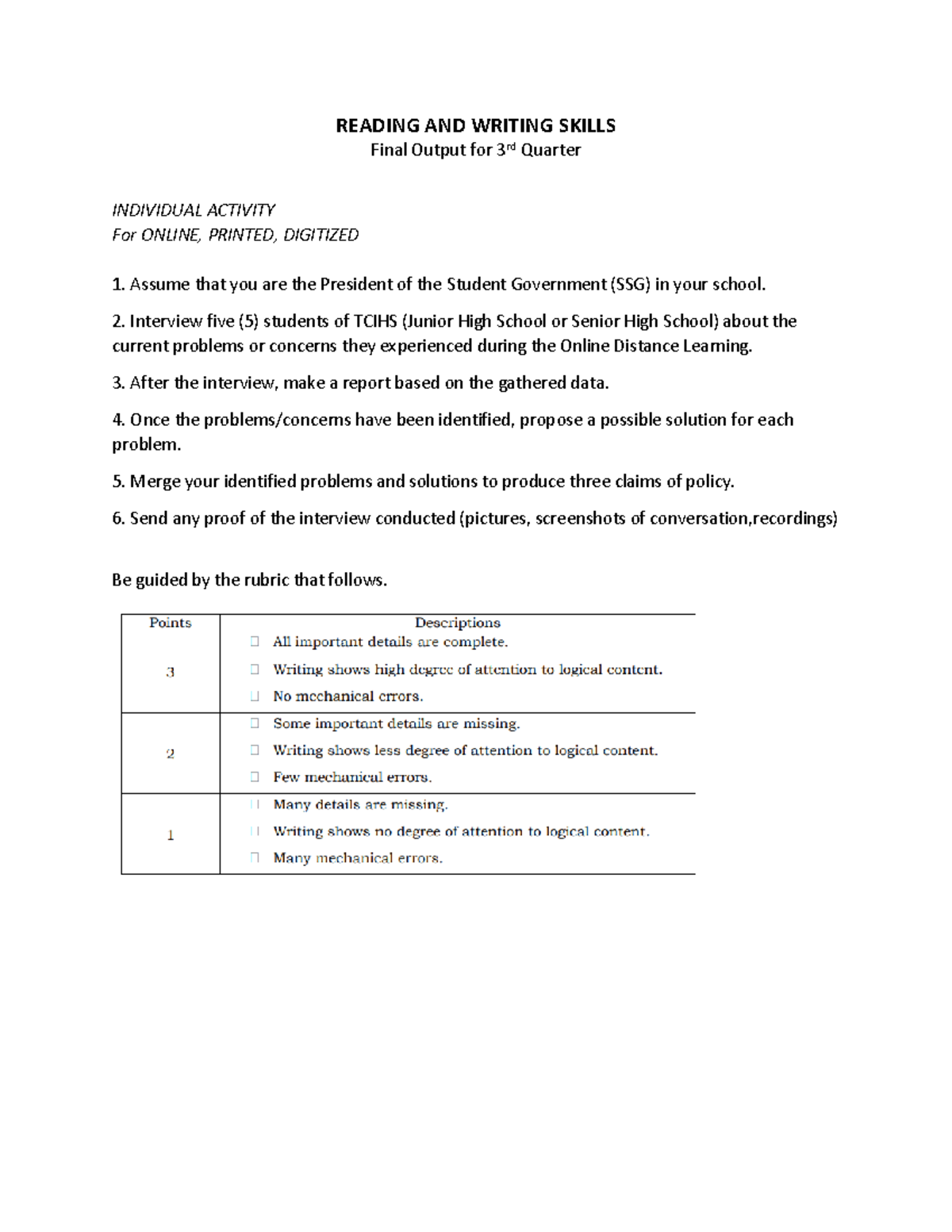 Final output 3rd quarter 2022 - READING AND WRITING SKILLS Final Output ...