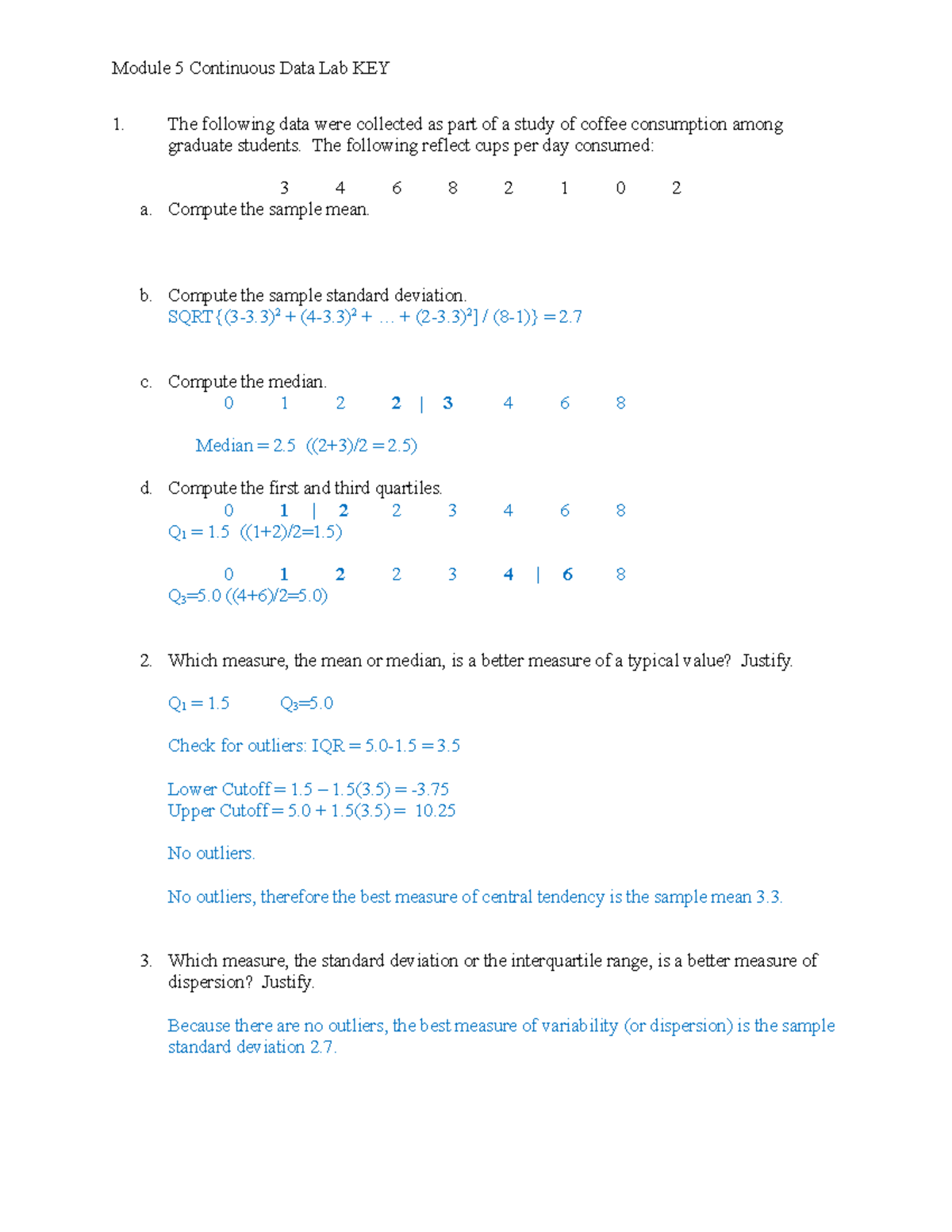M05 KEY Lab Continuous Data - Module 5 Continuous Data Lab KEY The following data were collected ...