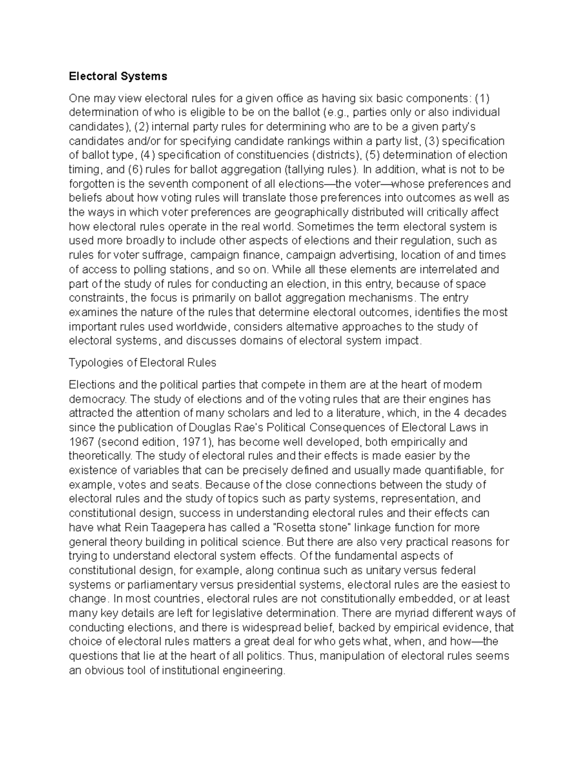 Electoral Systems - Electoral Systems One may view electoral rules for ...