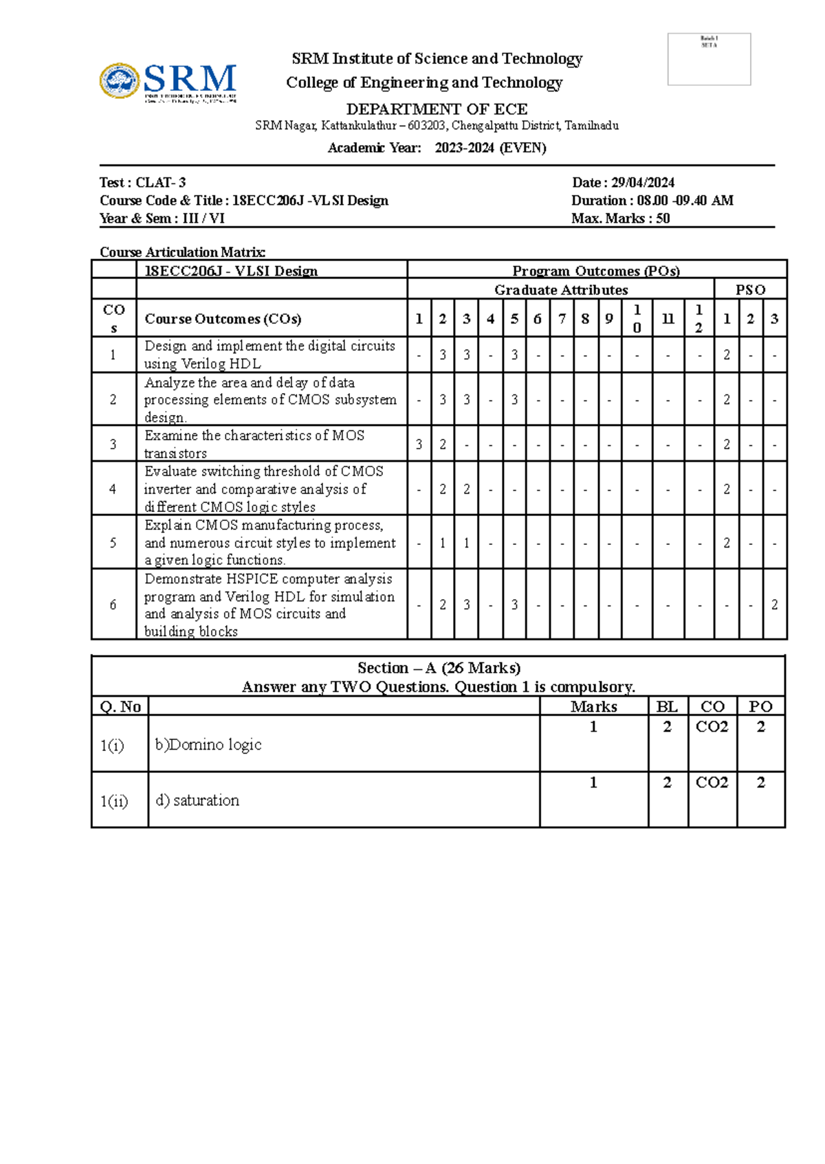 VLSI CT3 2023-2024 set B batch 1 answer key - SRM Institute of Science and Technology College of ...