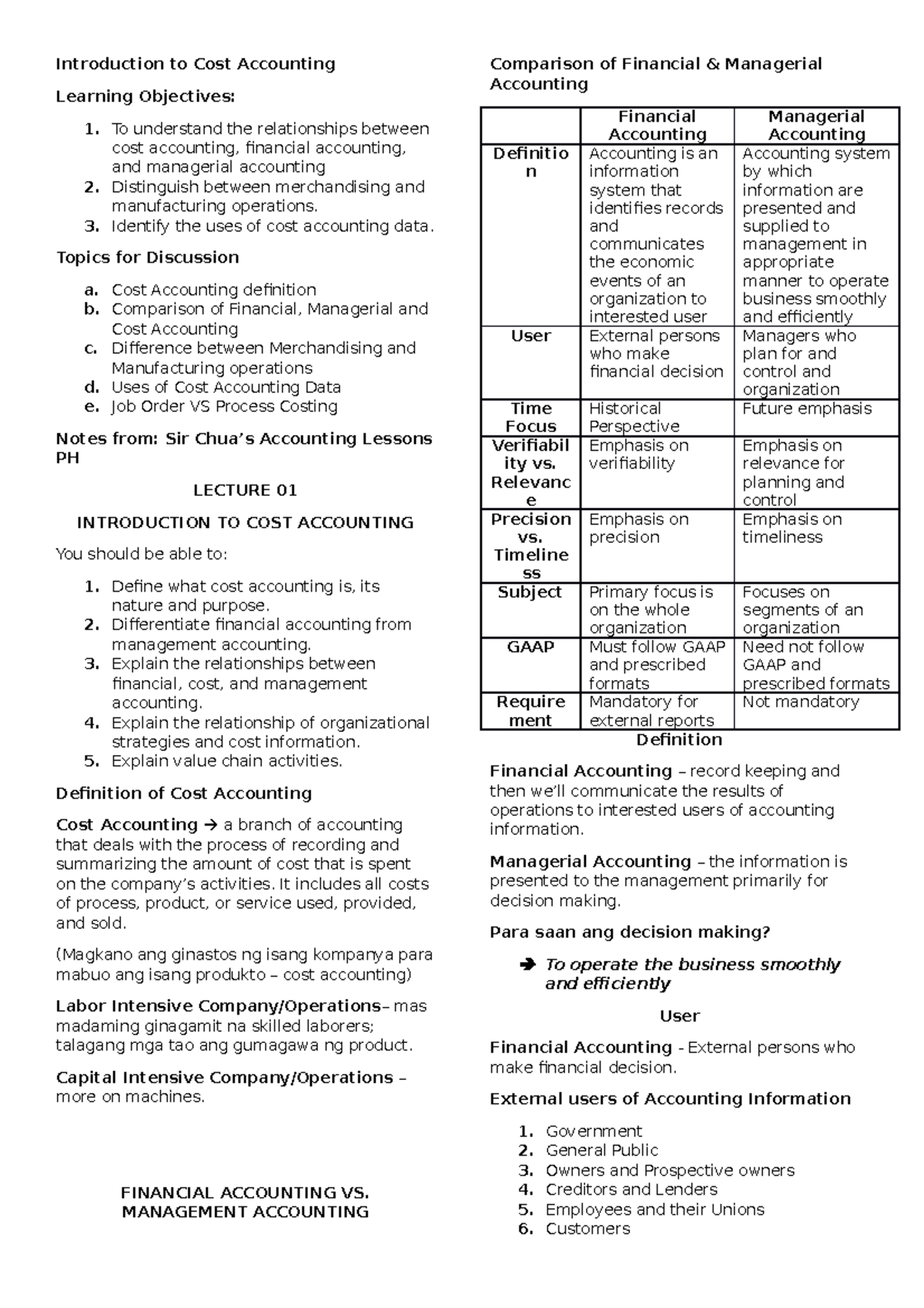 Lesson 1 AND 2 - SIR CHUA - SIR CHUA NOTES - Introduction to Cost ...