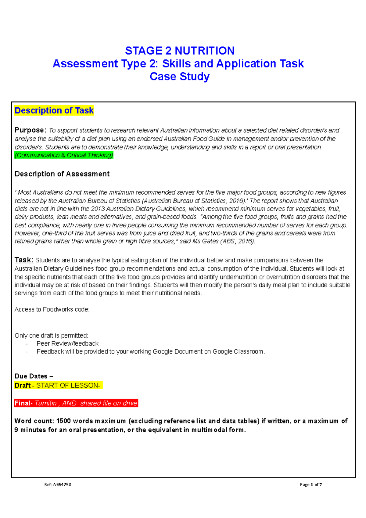 Case study - 02 - Assignment task sheet - STAGE 2 NUTRITION Assessment ...