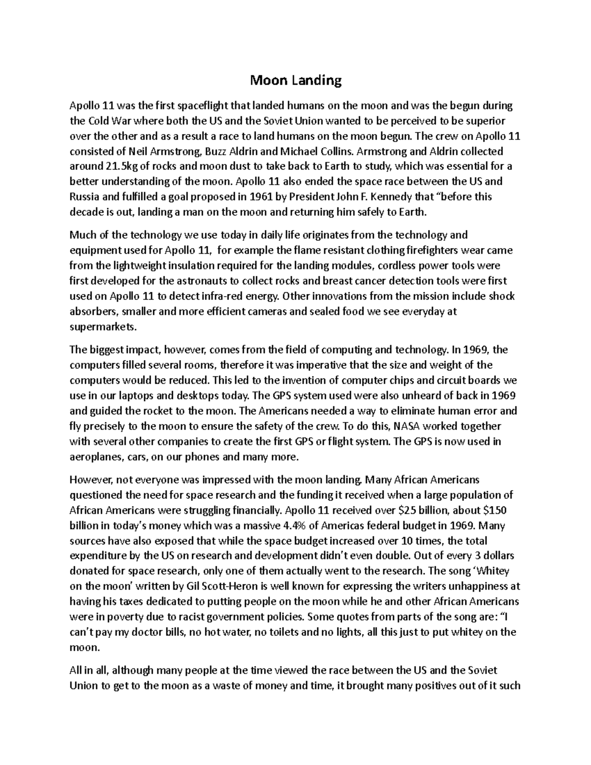 Moon Landing Speech - Very Helpful History Assignment Year 10. - Moon ...