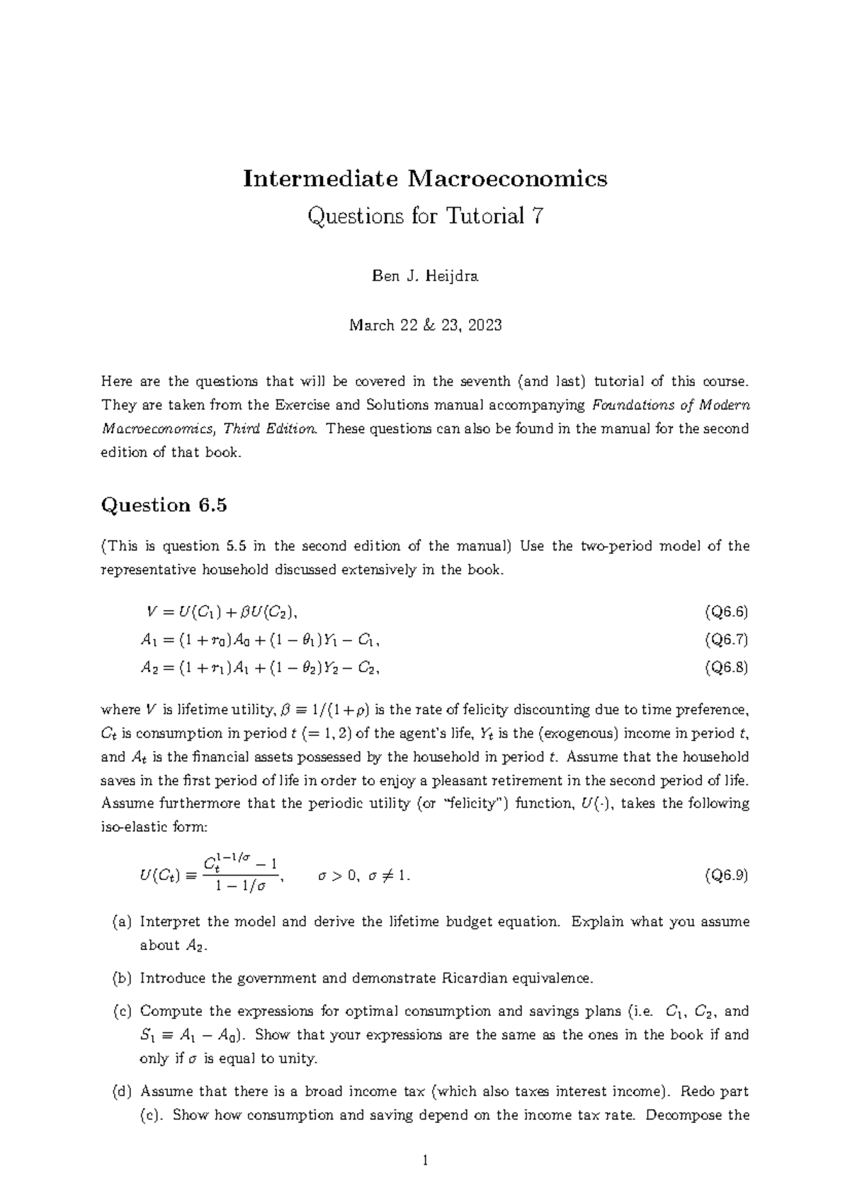 Questions Tutorial 07 - Intermediate Macroeconomics Questions for ...