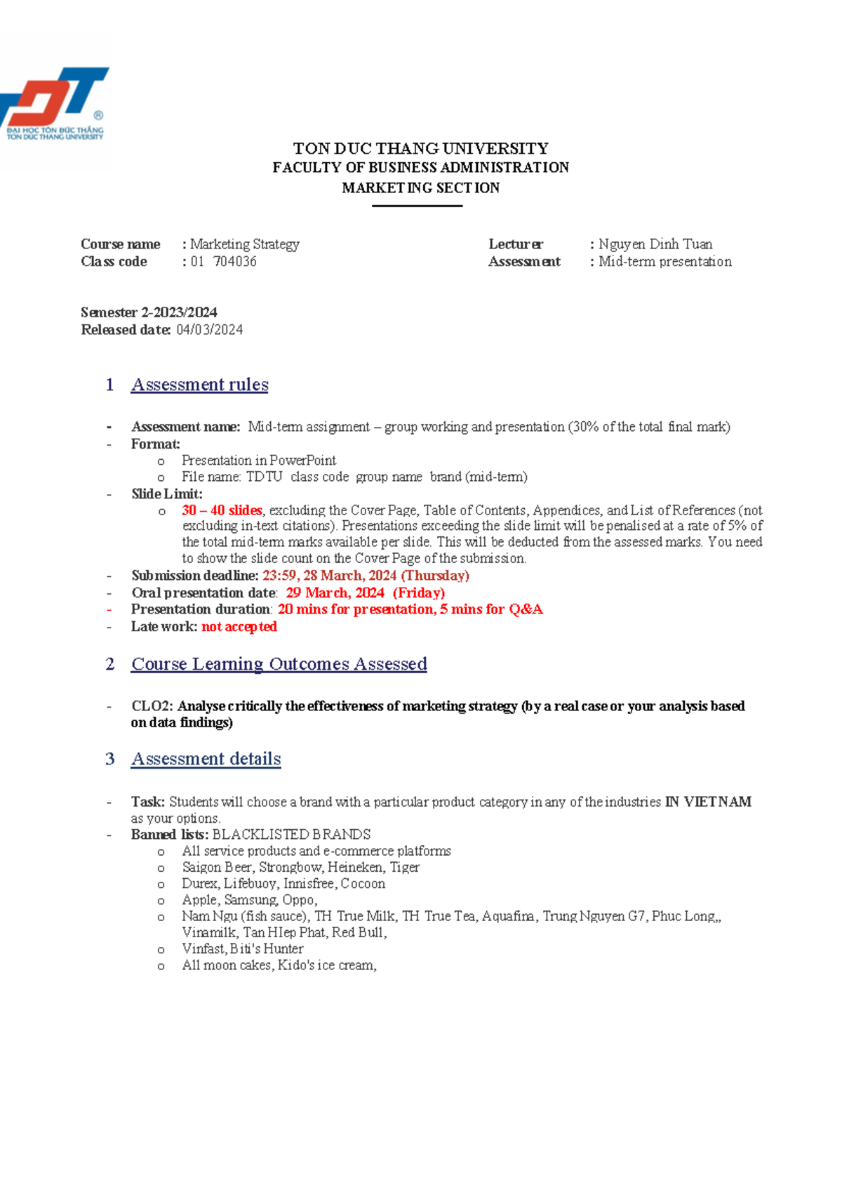 Midterm assessment - 28-03-2024 - TON DUC THANG UNIVERSITY FACULTY OF BUSINESS ADMINISTRATION ...